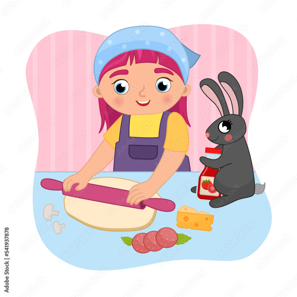 Vector cartoon illustration of a cute girl making pizza together with a ...