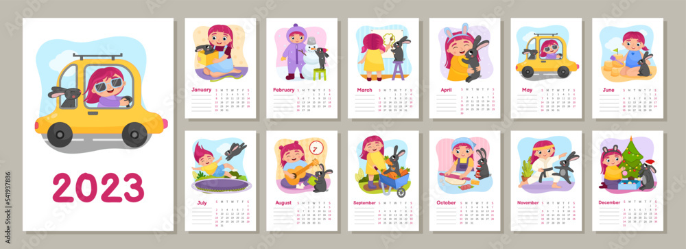 Vetor de Vector vertical calendar new year 2023. Cartoon cute ...