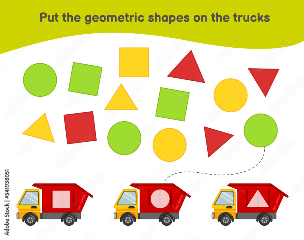 Matching children educational game. Put geometric shapes in trucks ...
