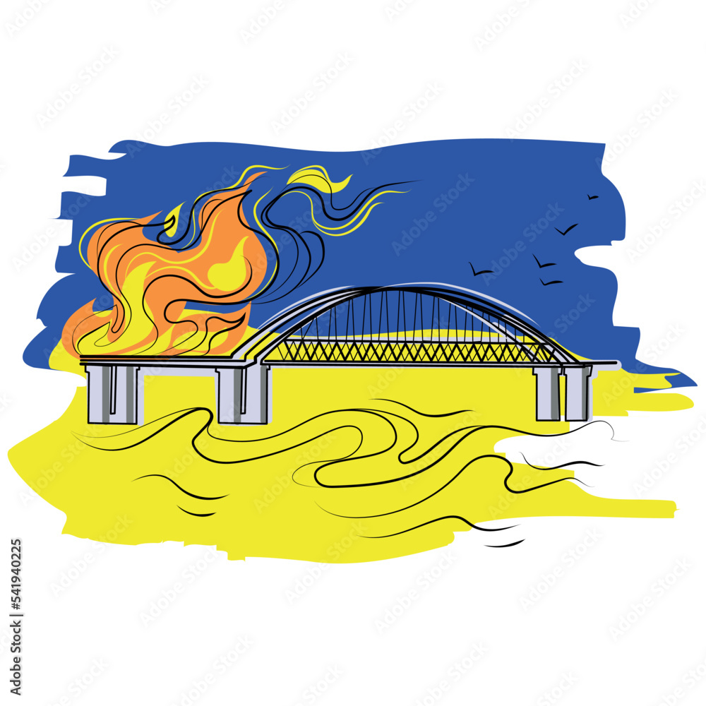 The Crimean bridge is on fire vector isolated illustration. Burning ...