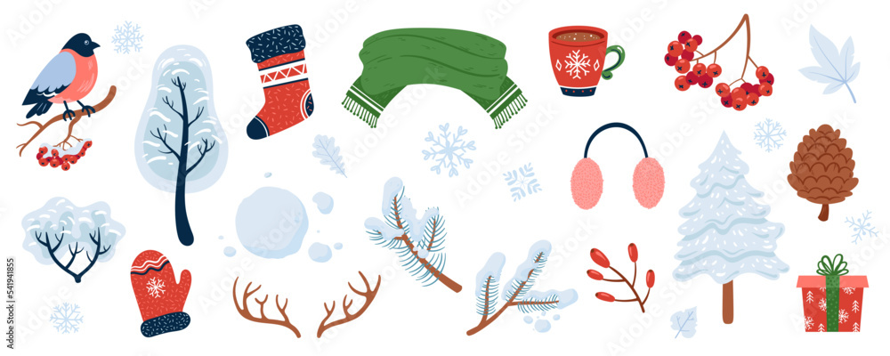 Winter objects collection in cartoon hand drawn style. Winter ...
