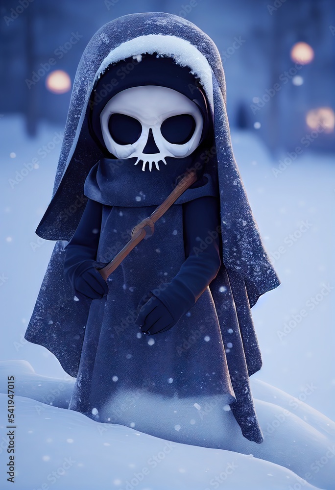 3D rendered computer generated image of a grim reaper in the winter ...