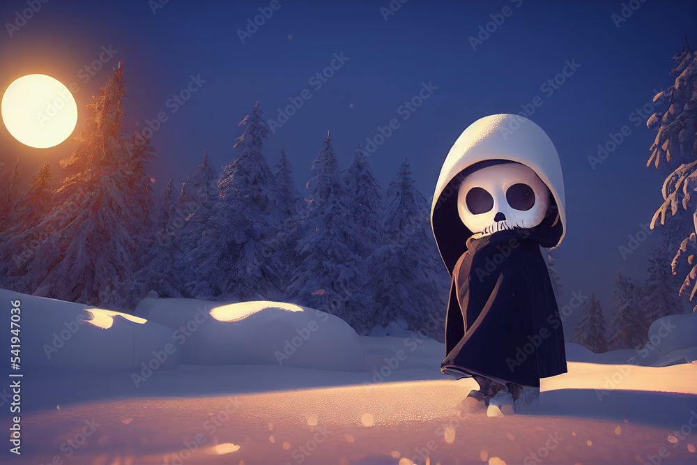 3D rendered computer generated image of a grim reaper in the winter ...