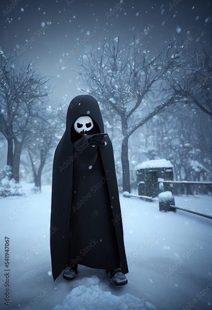 3D rendered computer generated image of a grim reaper in the winter ...