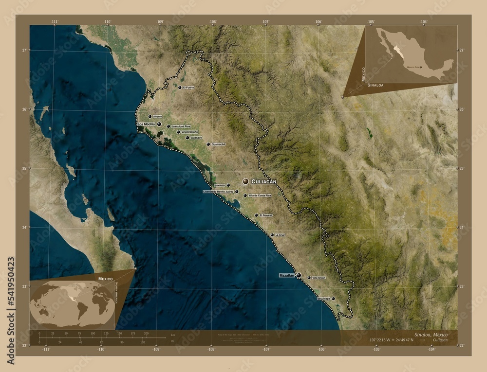 Sinaloa, Mexico. Low-res satellite. Labelled points of cities Stock ...
