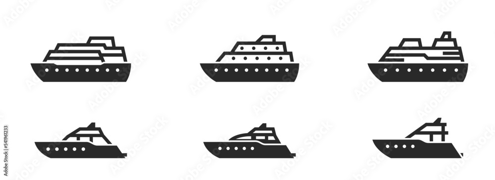 cruise ship and yacht icon set. sea travel, vacation and cruise symbols ...