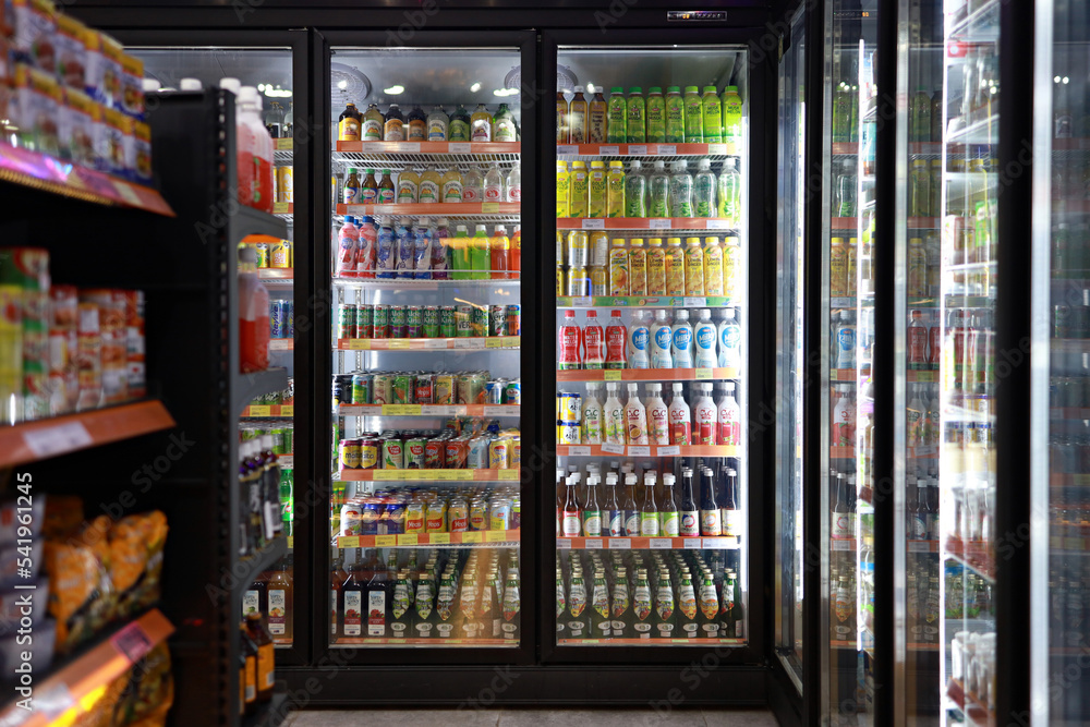 PENANG, MALAYSIA - 24 OCT 2022: Interior view of a huge fridge with ...