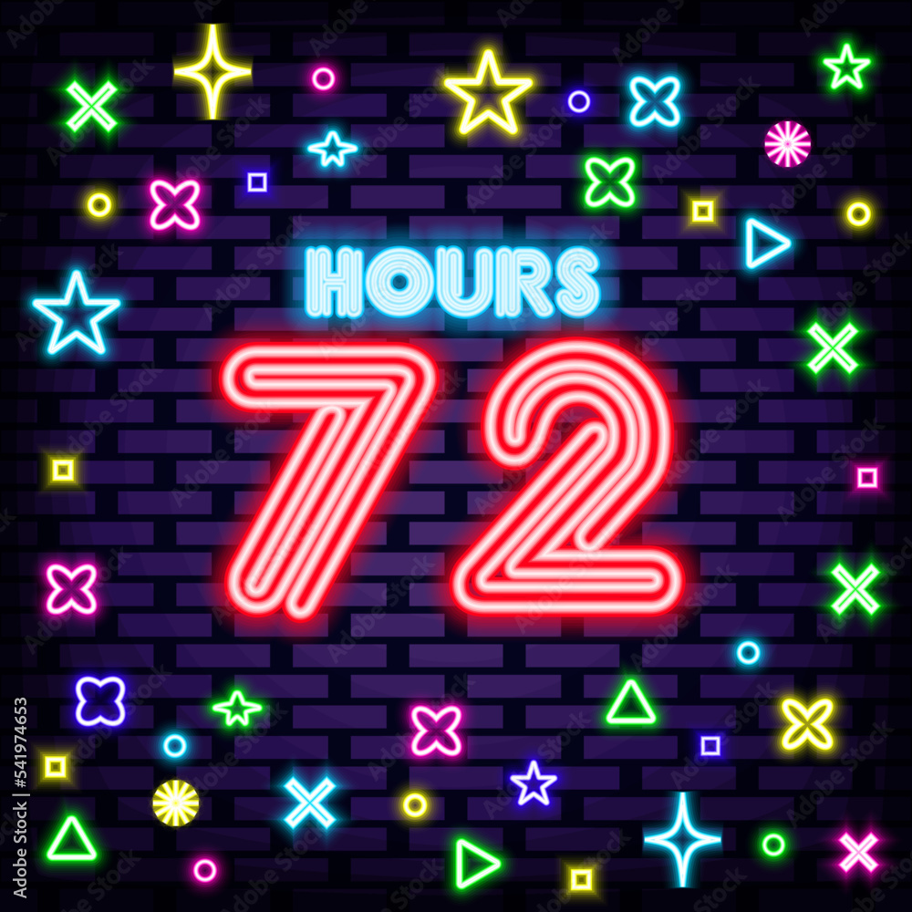 72 hours Neon Sign Vector. On brick wall background. Night advensing ...