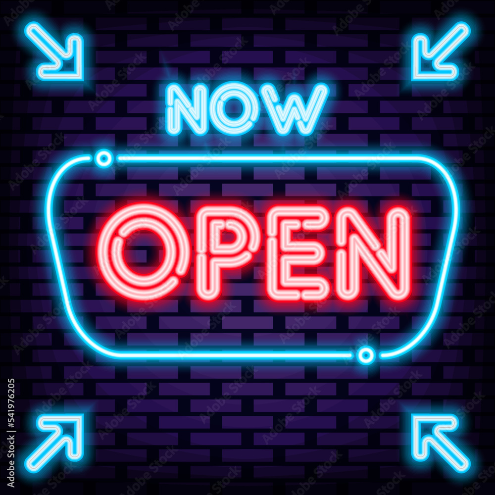 Now Open Neon quote. Neon script. Night bright advertising. Bright ...