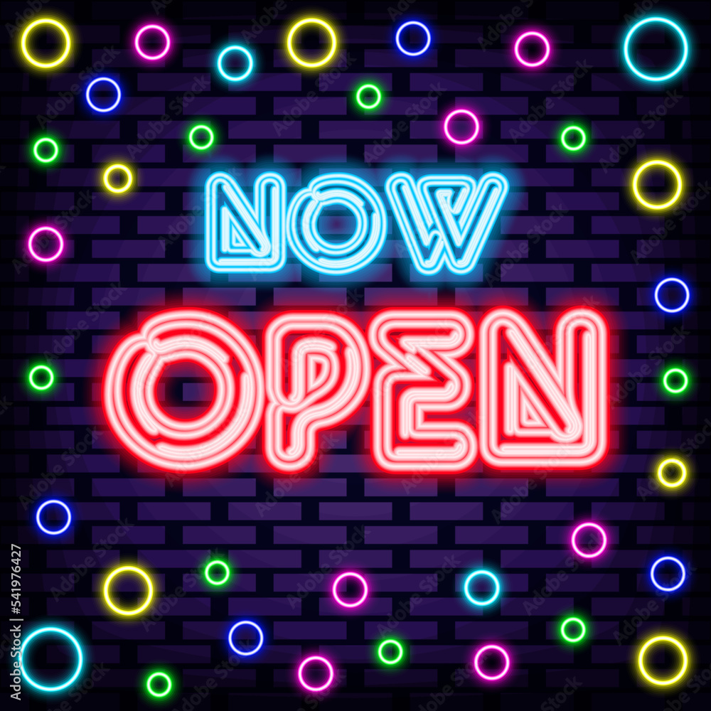 Now Open Neon Sign Vector. Bright signboard. Light art. Bright colored ...