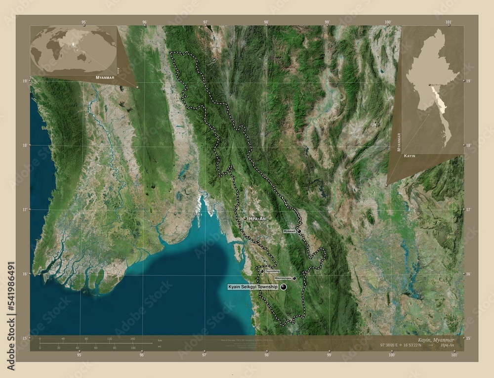 Kayin, Myanmar. High-res satellite. Labelled points of cities Stock Illustration | Adobe Stock