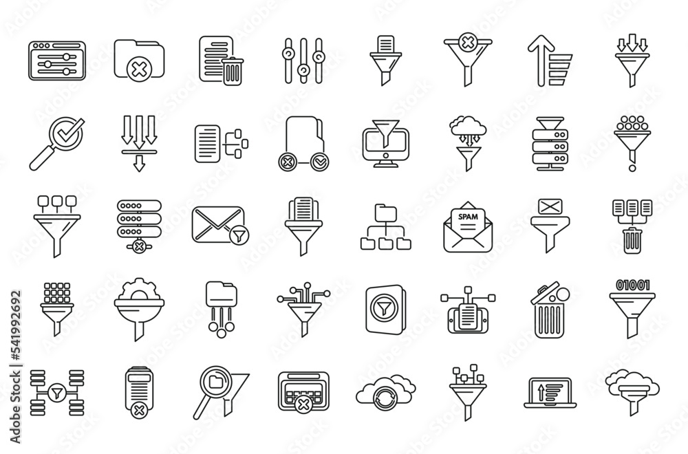 Content filter icons set outline vector. Internet funnel. Computer ...
