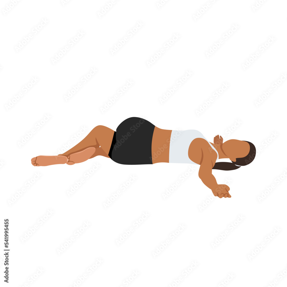 Woman doing Supta Matsyendrasana yoga pose, Reclined Spinal Twist pose ...
