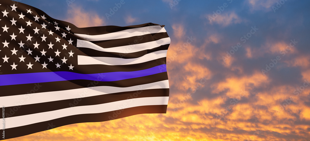 American flag with police support symbol Thin blue line on sunset sky ...