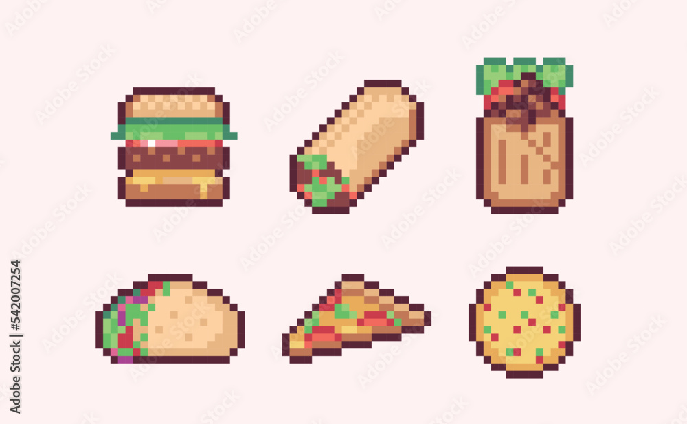 Shawarma, burger, pizza pixel art set. Fast food collection. Meat in ...