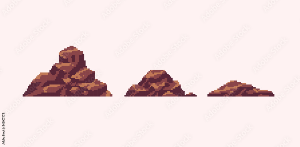 Mountain wasteland pixel art set. Desert hill collection. Stone and ...