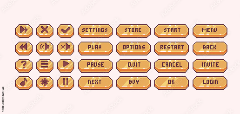 Golden shining buttons pixel art set. Yellow bright bar collection ...