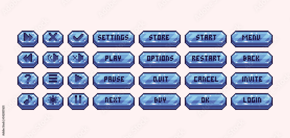 Crystal diamond buttons pixel art set.Blue ice interface bar collection ...
