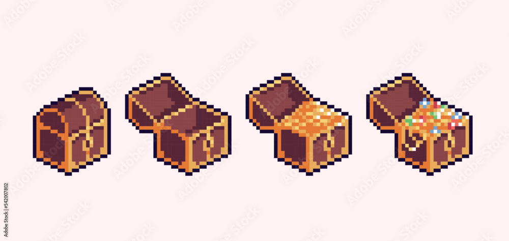 Open and closed chest full of gold and jewels pixel art set. Treasure ...