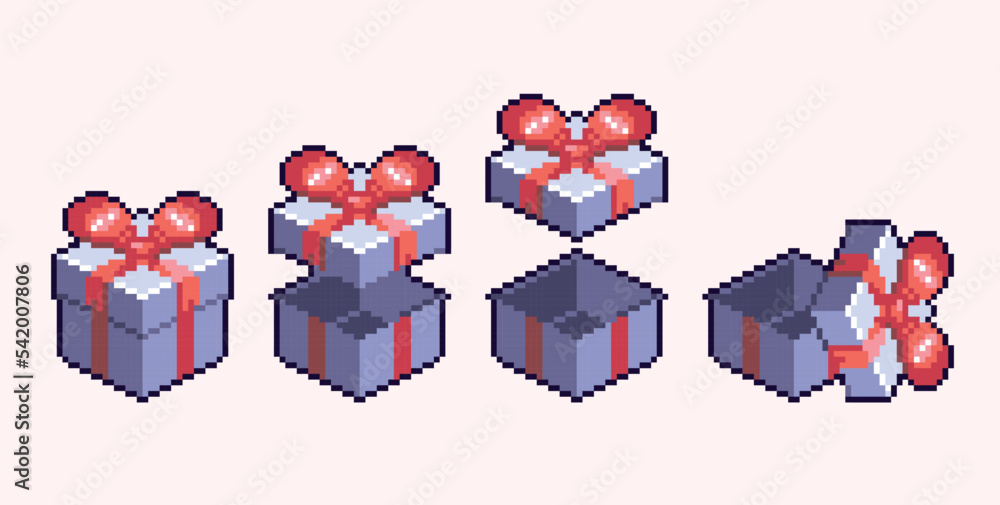 Open and closed gift pixel art set. Wrapped and unwrapped giftbox ...