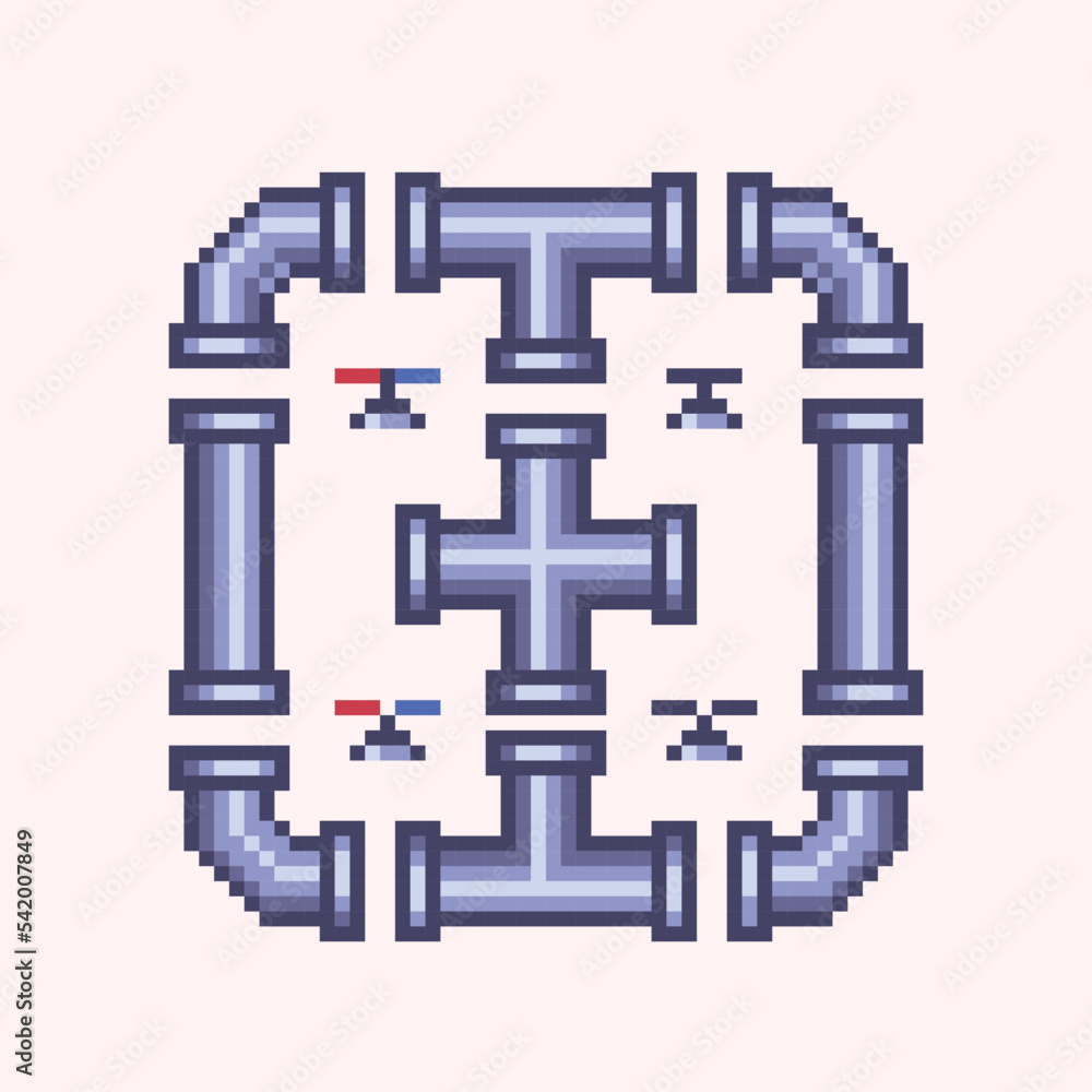 Tubes and pipes plumbing pixel art set. Gas or water pipelines steam ...