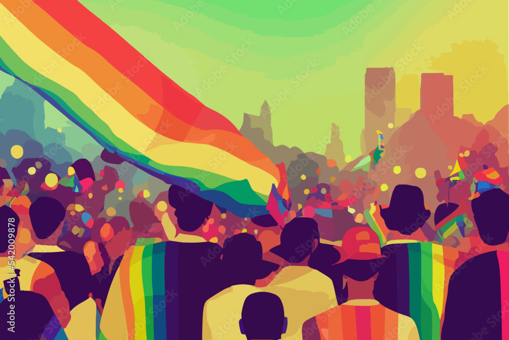 Lgbtq+ pride and tolerance people, parade, rainbow flags, balloons ...