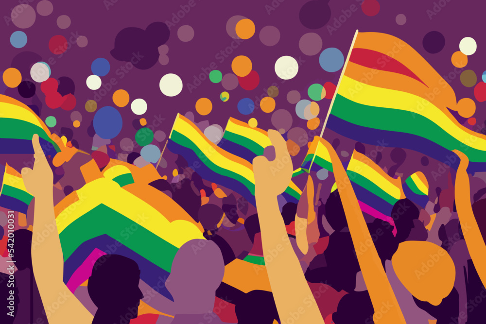 Lgbtq+ pride and tolerance people, parade, rainbow flags, balloons ...