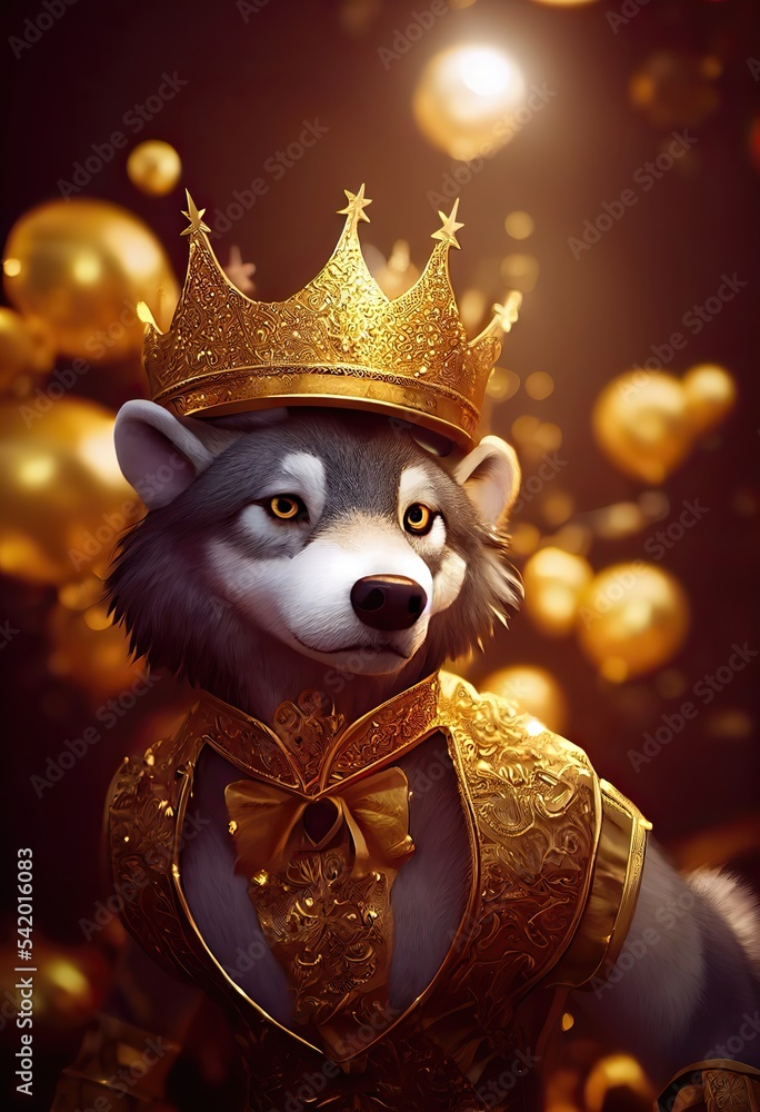 Cartoon like Wolf wearing golden crown 3d render, festive background ...