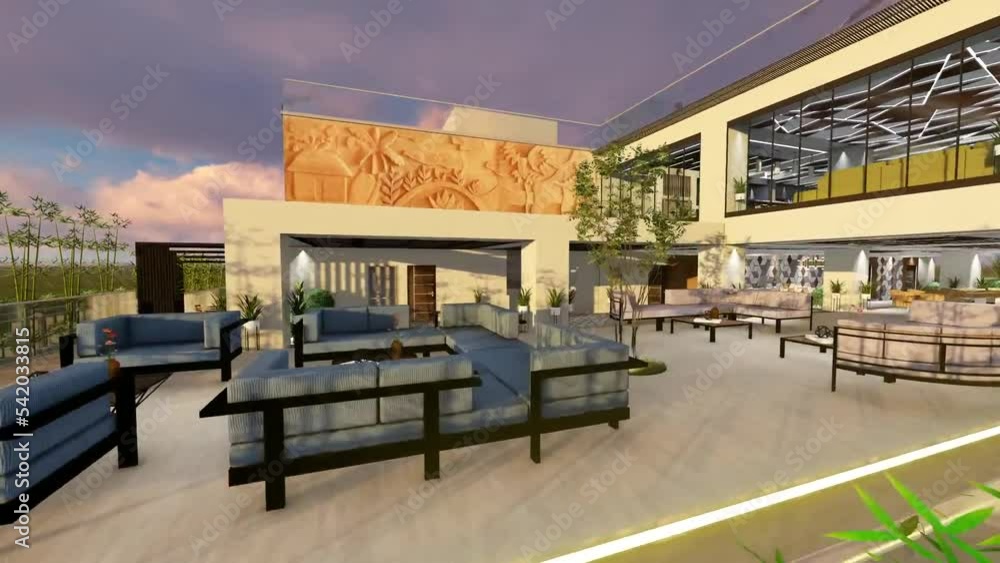 Roof top lounge architectural design 3d visualization. Modern roof top ...