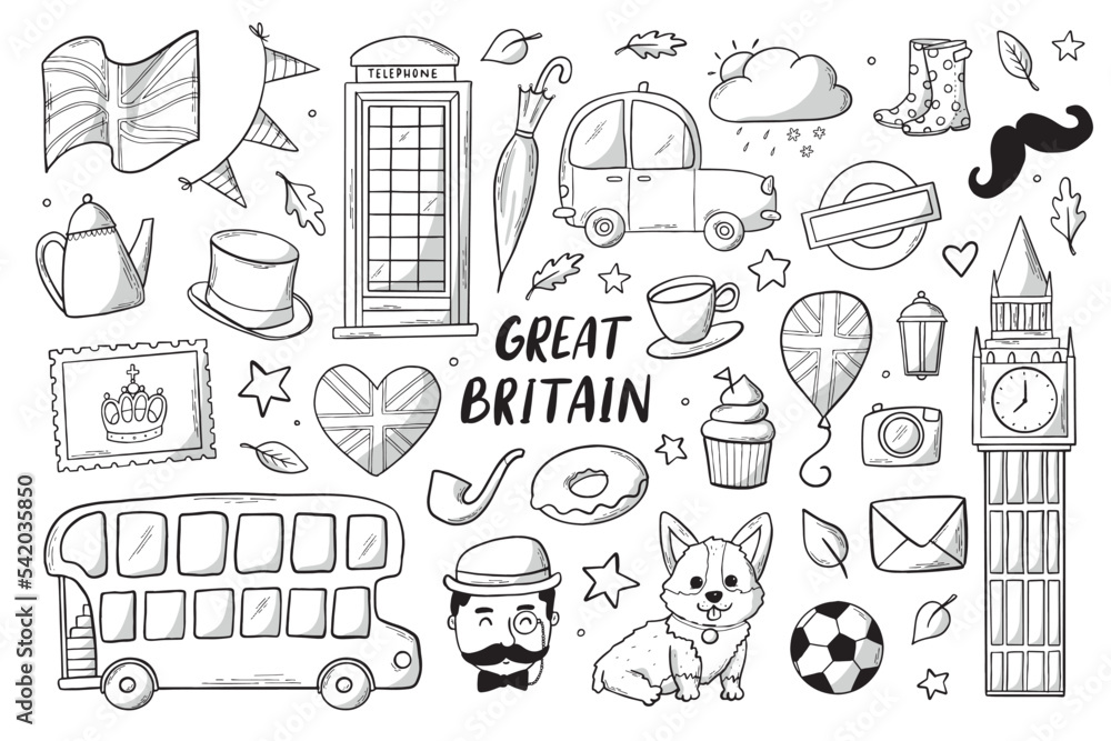 Vetor de Great Britain and London set of sketched doodles, clipart ...