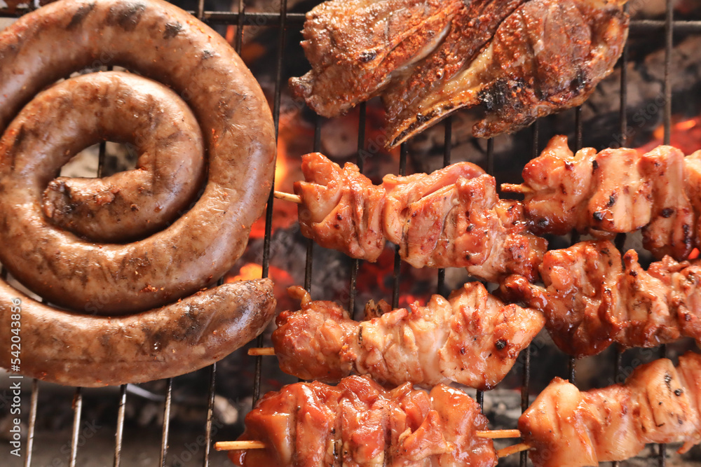 meat on the grill. South African braai with boerewors, kebabs and lamb ...