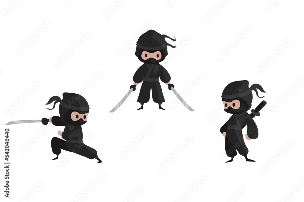 Ninja set. Cartoon flat style little warriors with katanas sword in ...