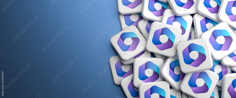 Logos of Microsoft 365 the Office successor on a heap on a table. Web banner format with copy ...