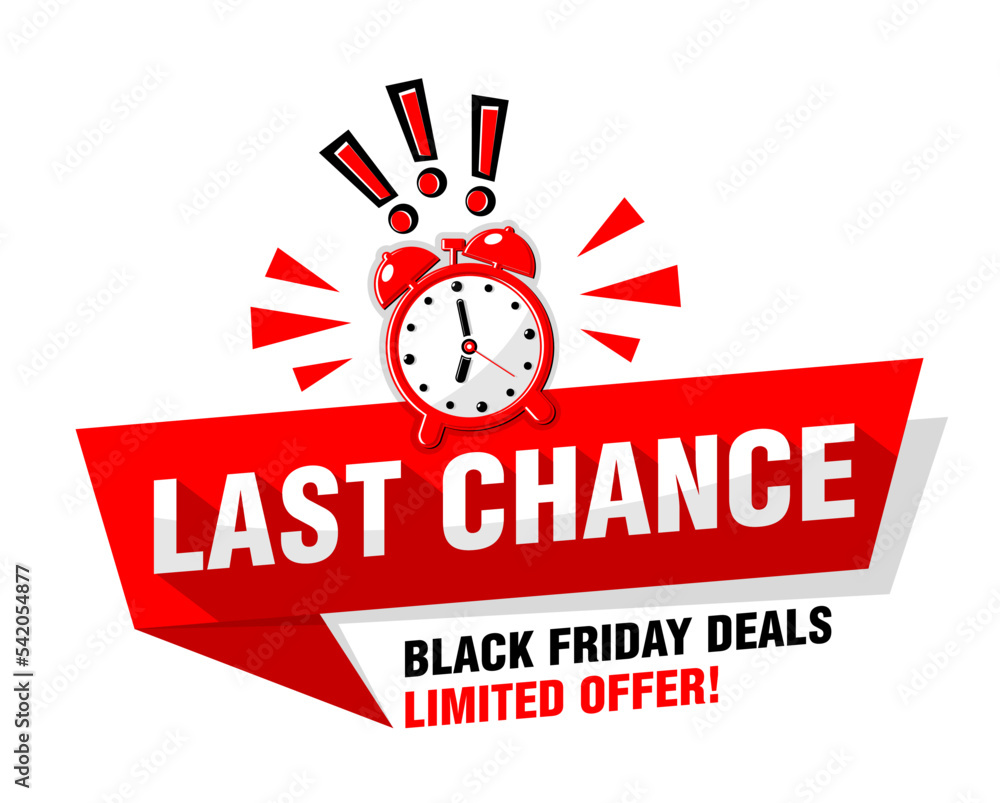 Red ribbon with alarm clock and last chance seal. Vector sale banner ...