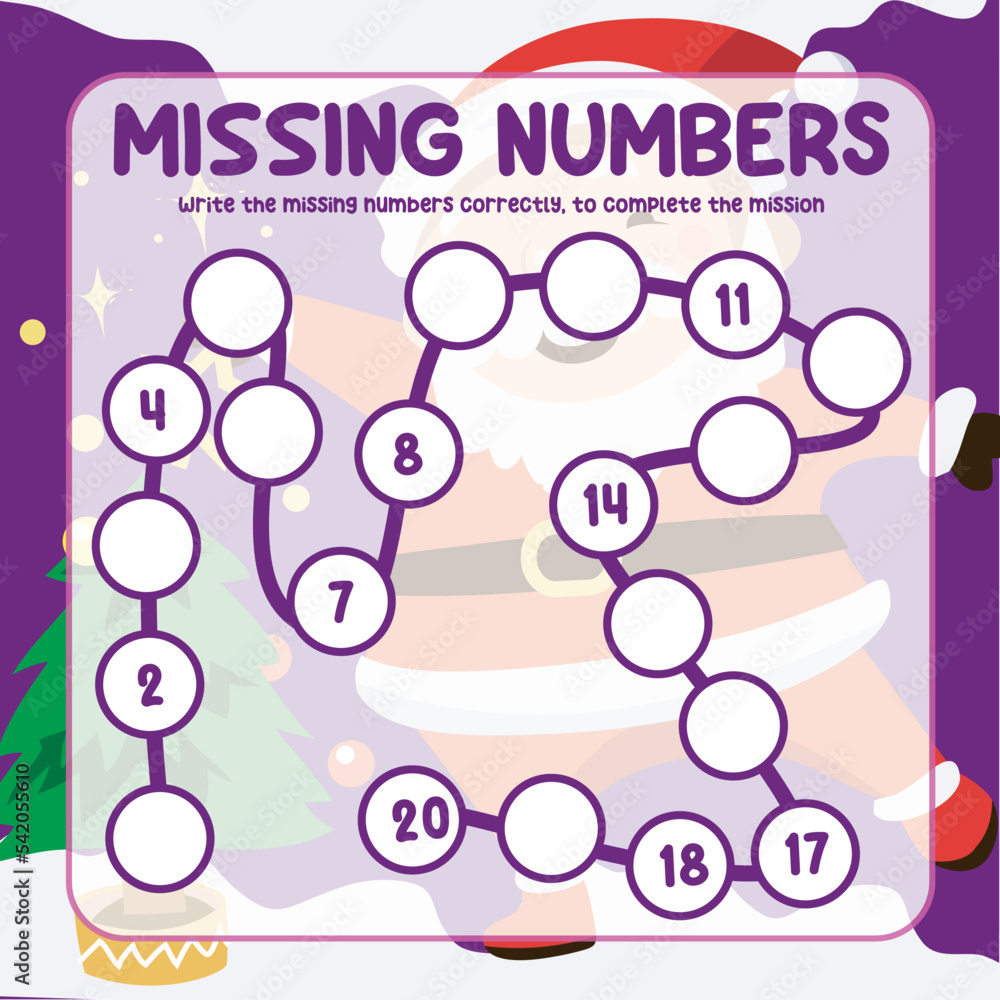 Vetor de Missing numbers math worksheet for kids Christmas edition ...