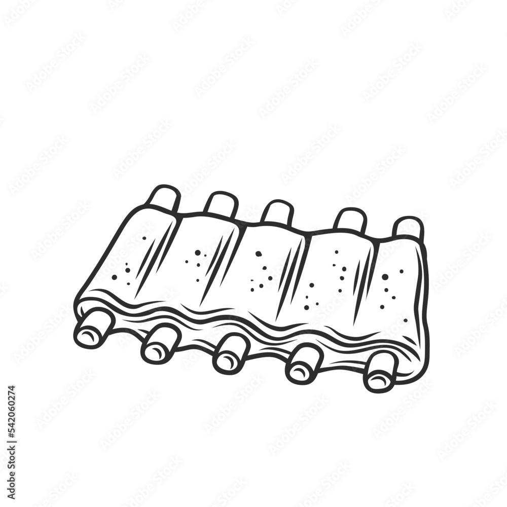 Pork ribs for BBQ outline icon vector illustration. Line hand drawn raw ...