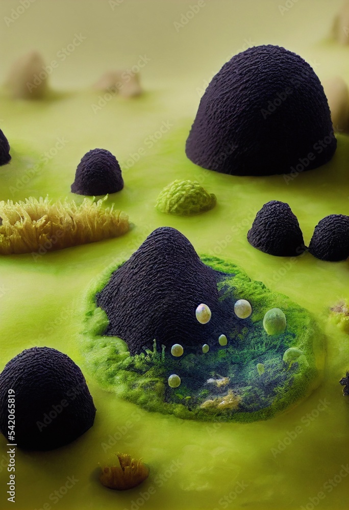 Artist depiction of slime mold bacteria virus growth Host cells, spores ...