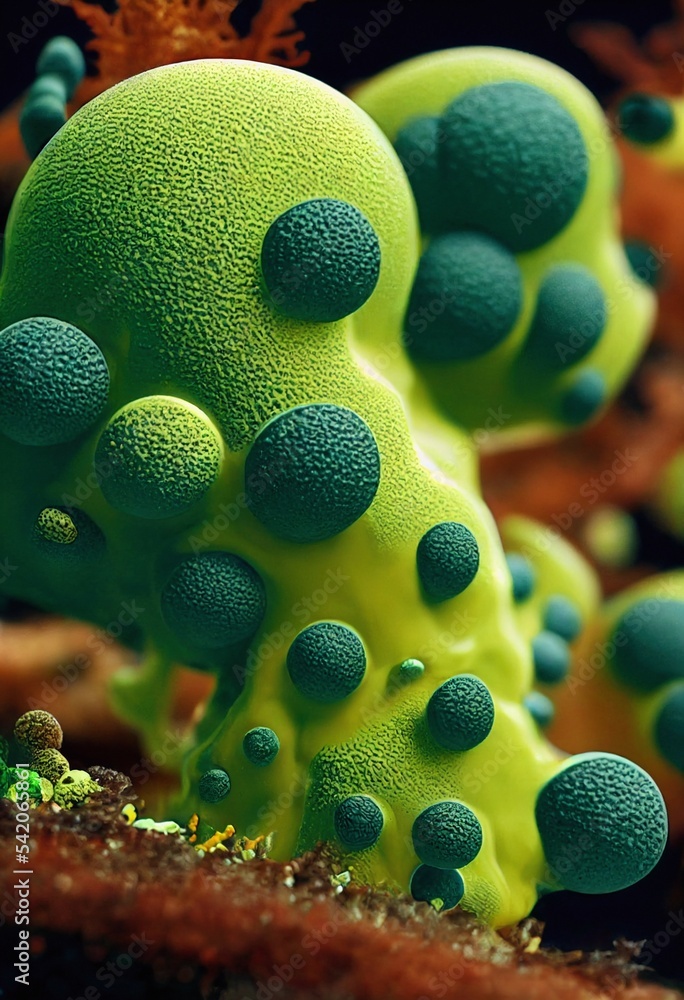 Artist depiction of slime mold bacteria virus growth Host cells, spores ...