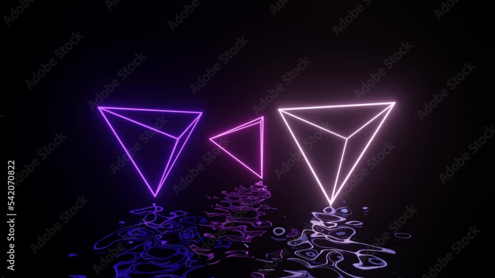 Neon glowing pyramids moving in dark space with reflections on the ...