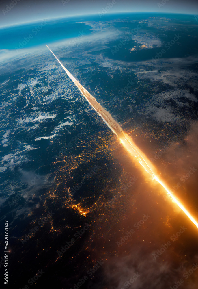 Fire trail of a spaceship or rocket passing through over the earth ...