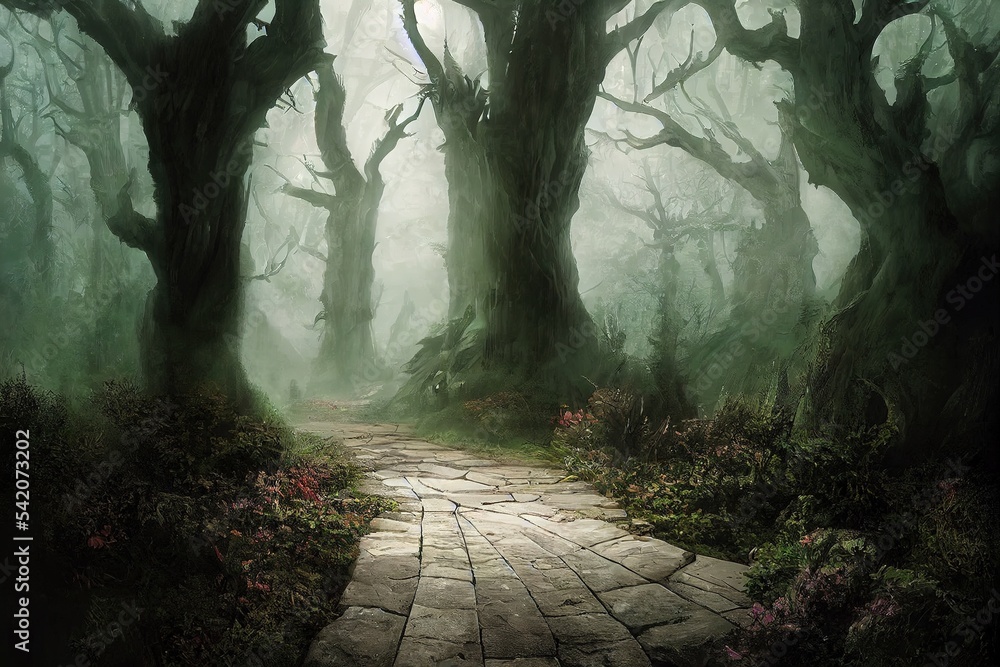 Spectacular pathway in the deep enchanted forest, misty environment ...