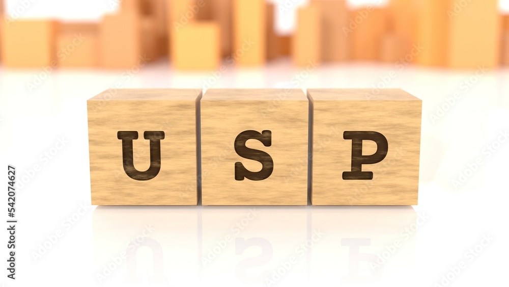 Word USP chiselled on cube wood reflected on the shiny surface ...