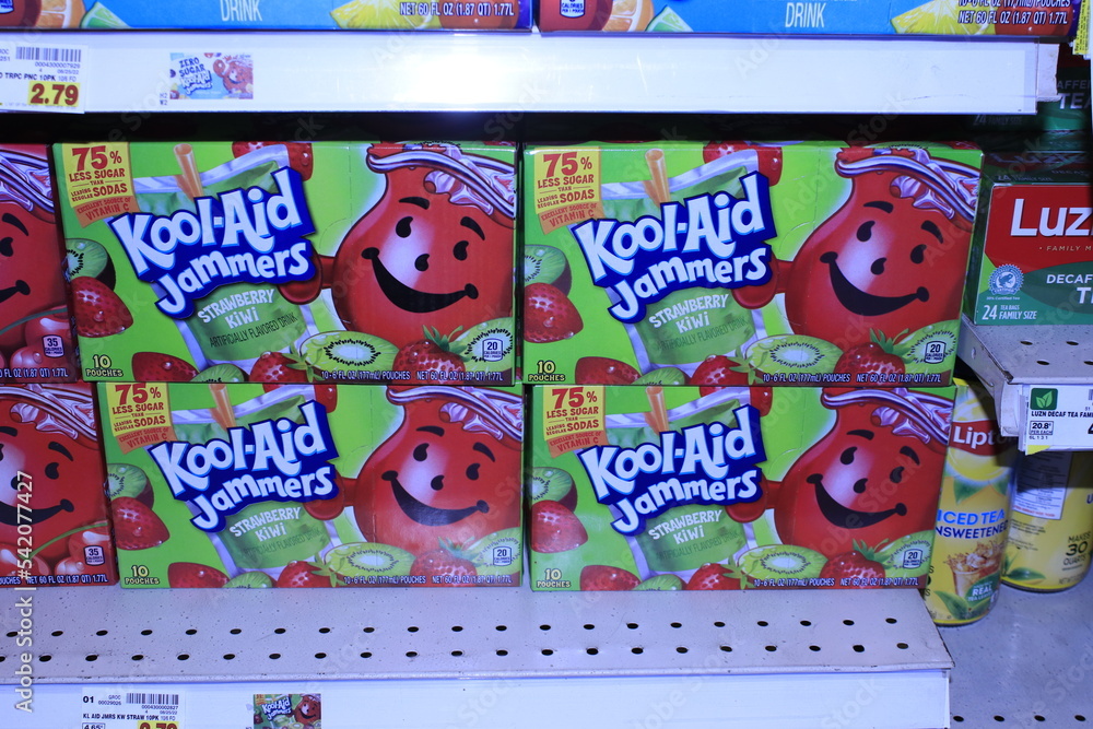 KOOL AID Jammers Strawberry Kiwi in boxes on a grocery store shelf shot ...