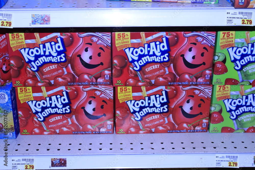 KOOL AID Cherry Jammers in boxes on a grocery store shelf shot closeup ...