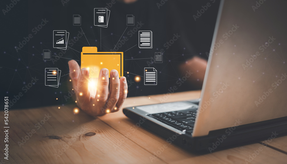 Foto de Document management system on Computer network, Businessman hold folder and document ...