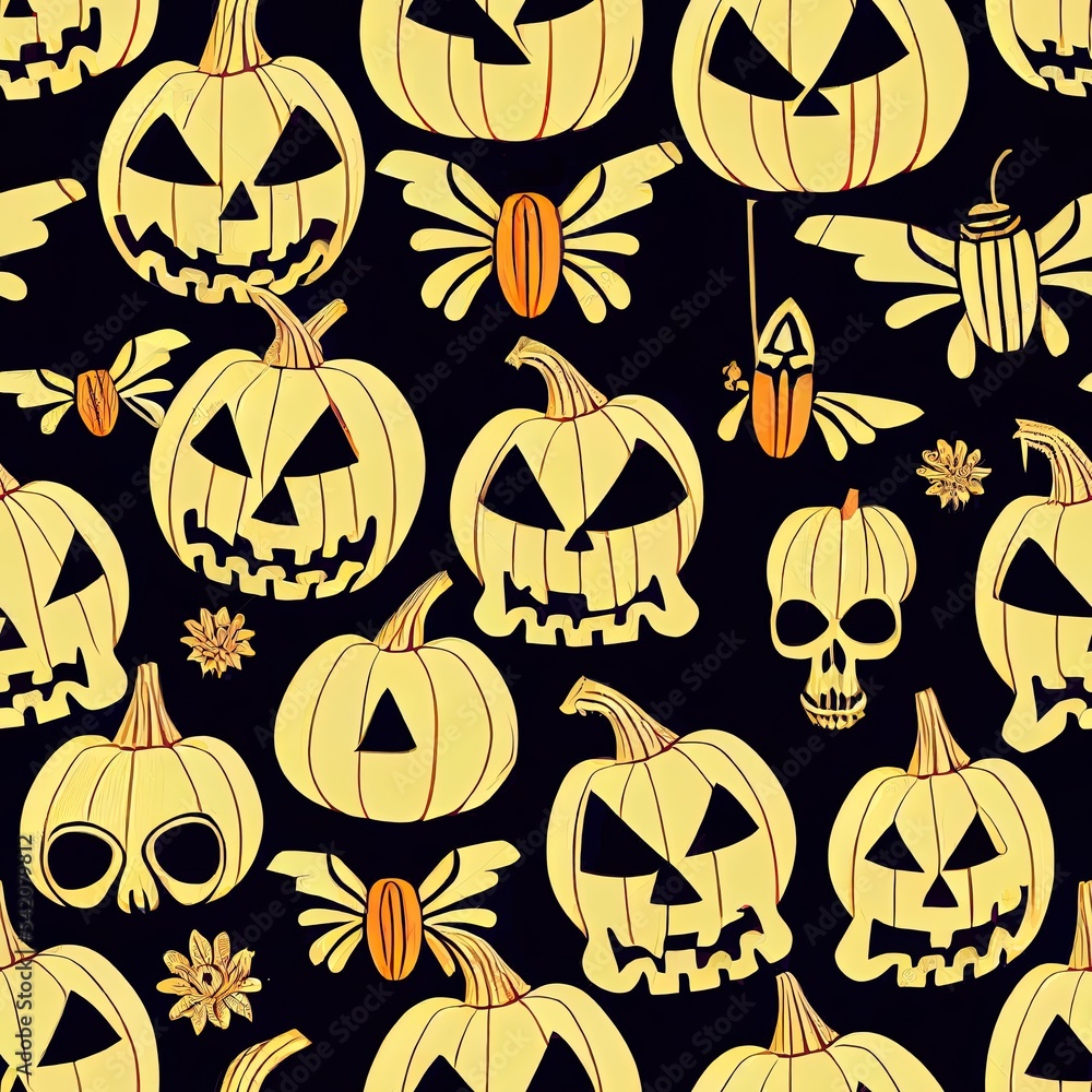 Seamless 2d illustrated Halloween pattern in engraving style. Graphic ...