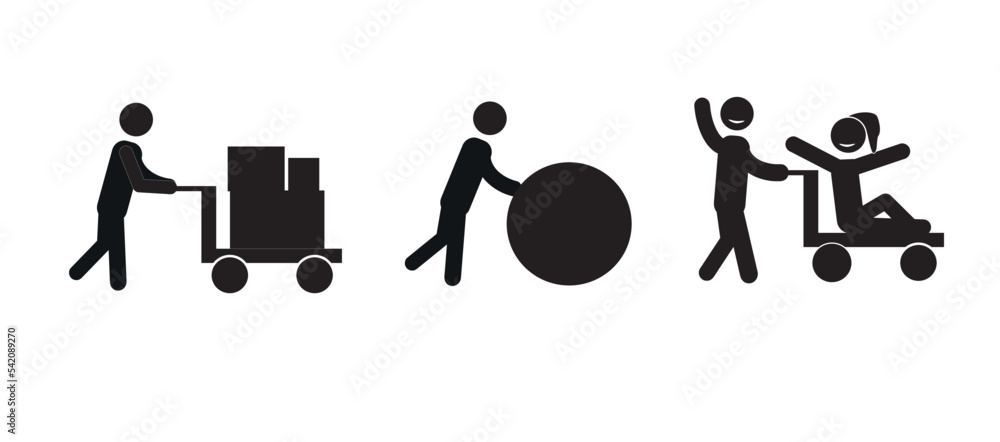 a man with a load on a cart, with a man, rolls a ball, an icon of a ...