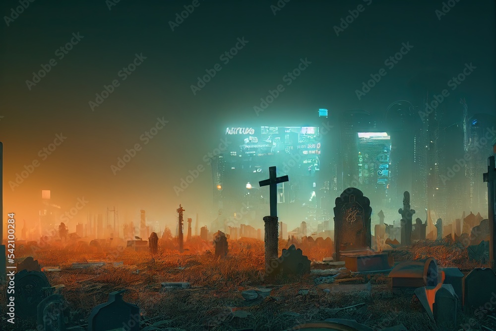 Futuristic gritty graveyard. Eerie and creepy 3D rendered computer ...