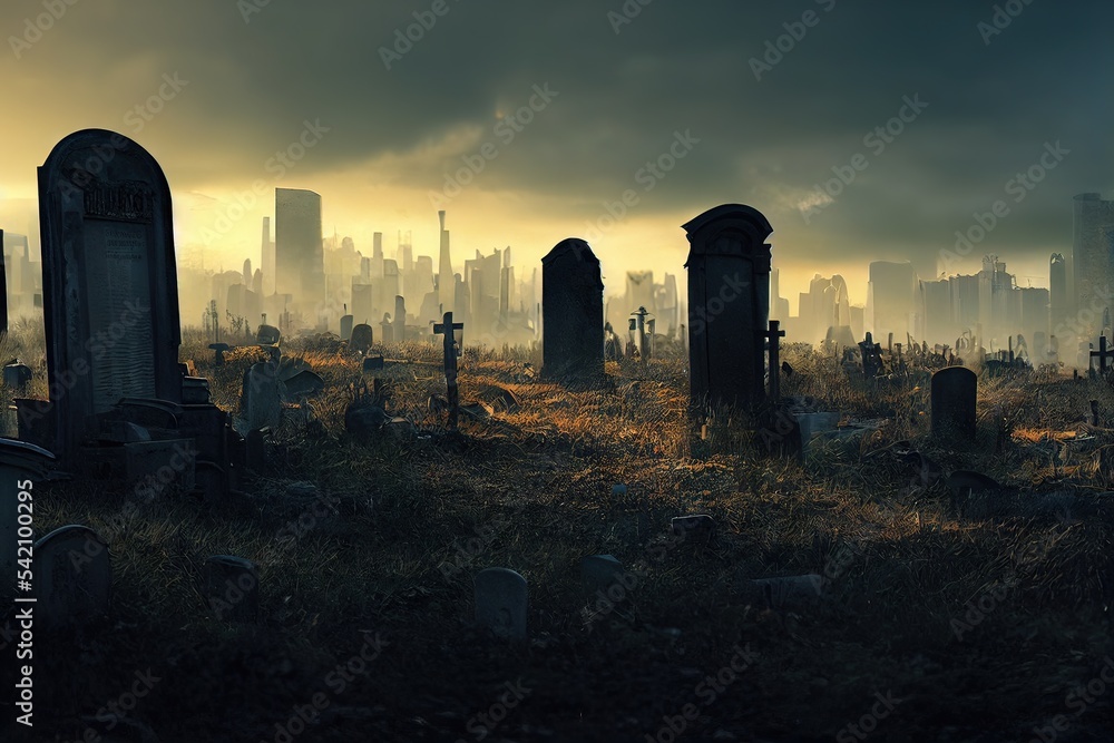 Futuristic gritty graveyard. Eerie and creepy 3D rendered computer ...