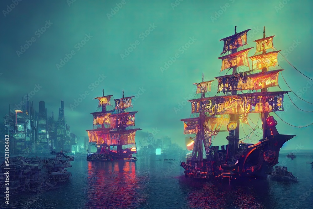 3D rendered computer generated image of a neon cyberpunk pirate ship ...